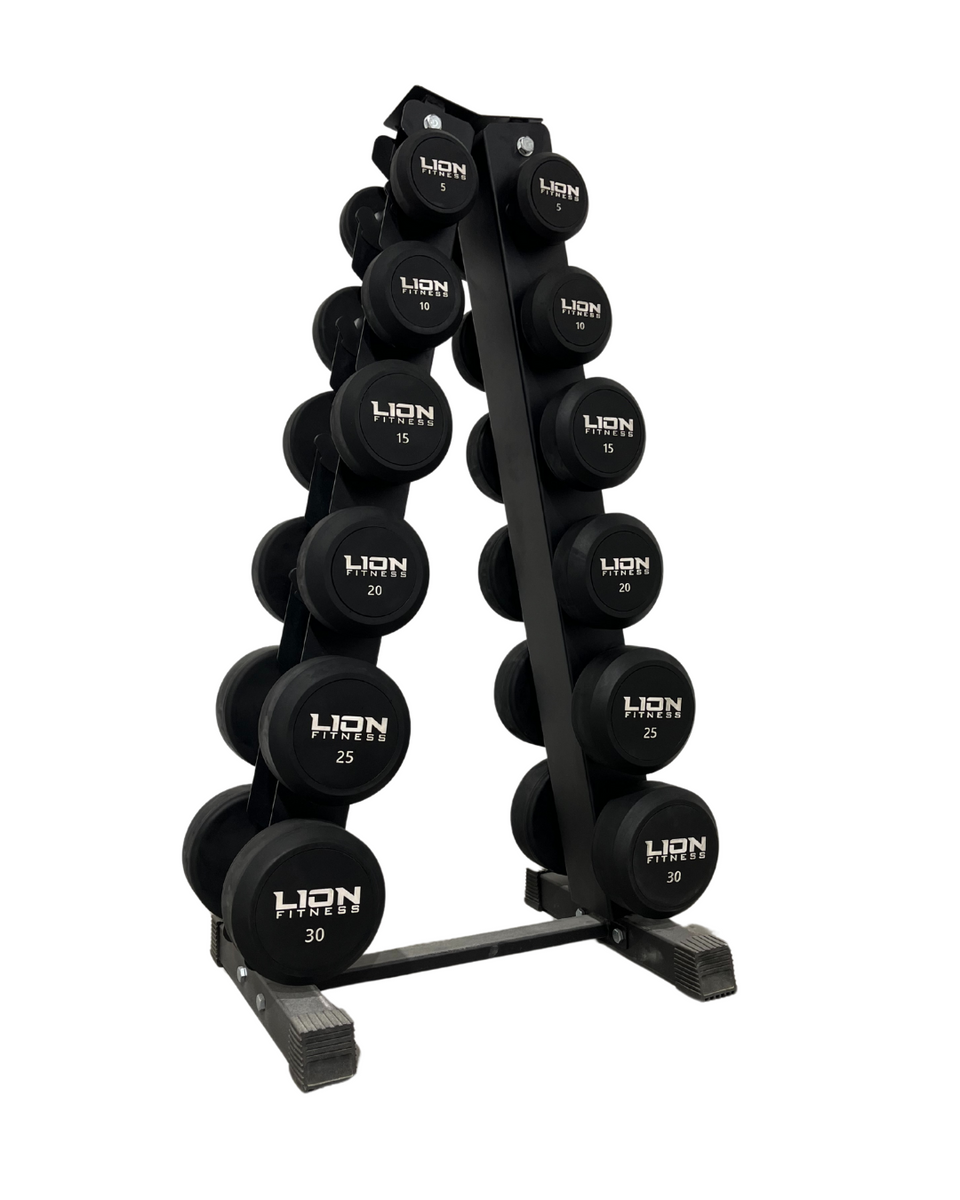 Ensemble: Haltères Ronds 5 à 30 lb avec Rack au Choix – Lion Fitness