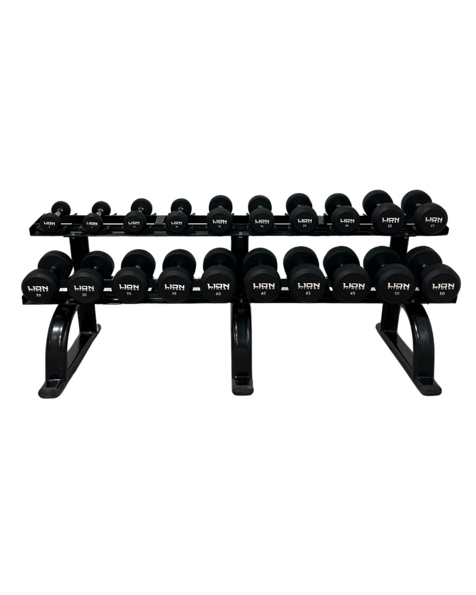 Set: 5-50 lb Round Dumbbells with 2-Tier Commercial Rack – Lion Fitness